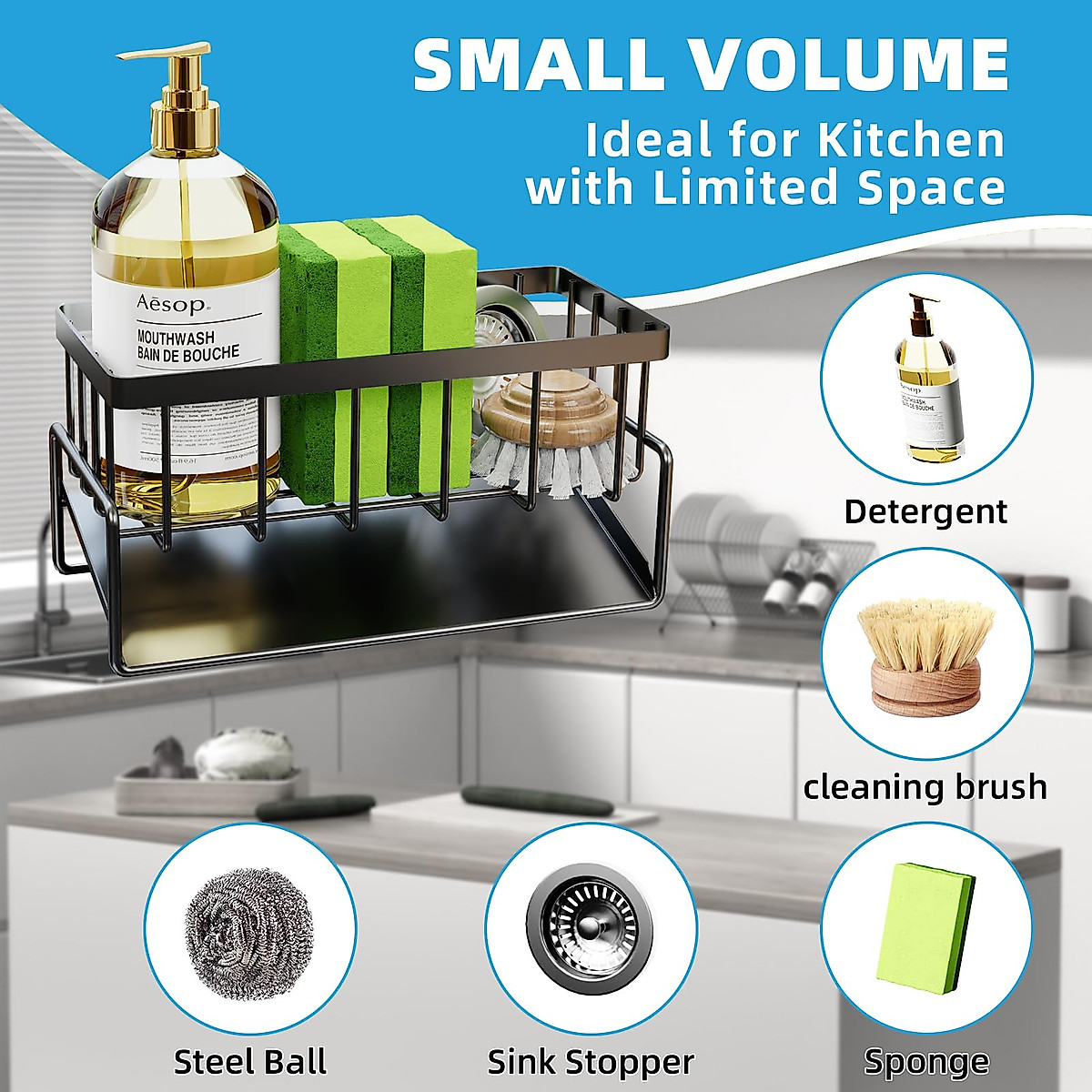 HAYOLPORS Sponge Holder for Kitchen Sink - Rustproof Sink Caddy for Countertop, Kitchen Sink Organizers and Storage Dish Soap Dispenser Home Gadgets Essentials Organization Accessories, Black