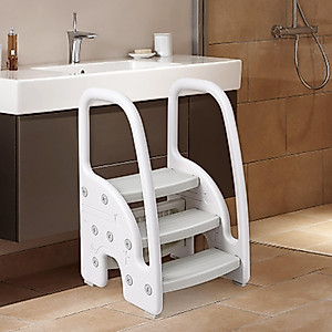 Toddler Step Stool for Bathroom Sink Kitchen Counter, Plastic Kids 3 Step Stool with Handles Sides for Toilet Potty Training, Lightweight Non-Slip, Stepping Standing Stool Helper