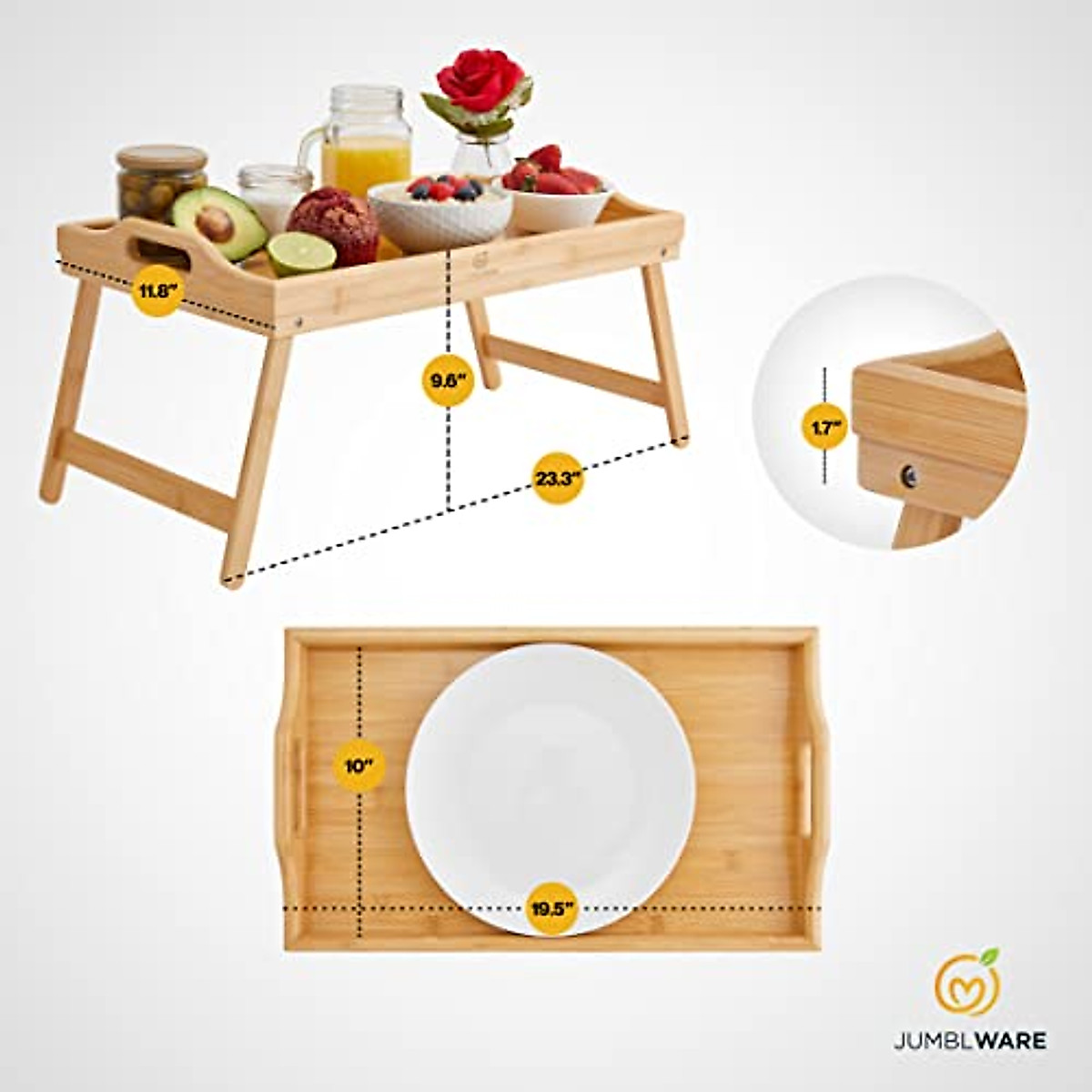JumbleWare Bamboo Bed Tray. Portable Wooden Breakfast in Bed Serving Table Set with Folding Legs & Carry Handles for Eating Food or Working on Laptop. Great Home Gift for Women, Men, Kids & Elderly