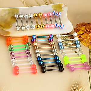 Suotarn 40pcs 14G Mix-Color Stainless Steel Straight Barbell Tongue Rings Bars Piercing 5/8" Length Acrylic Glow In Dark Flexible Retainer Body Jewelry For Women Men