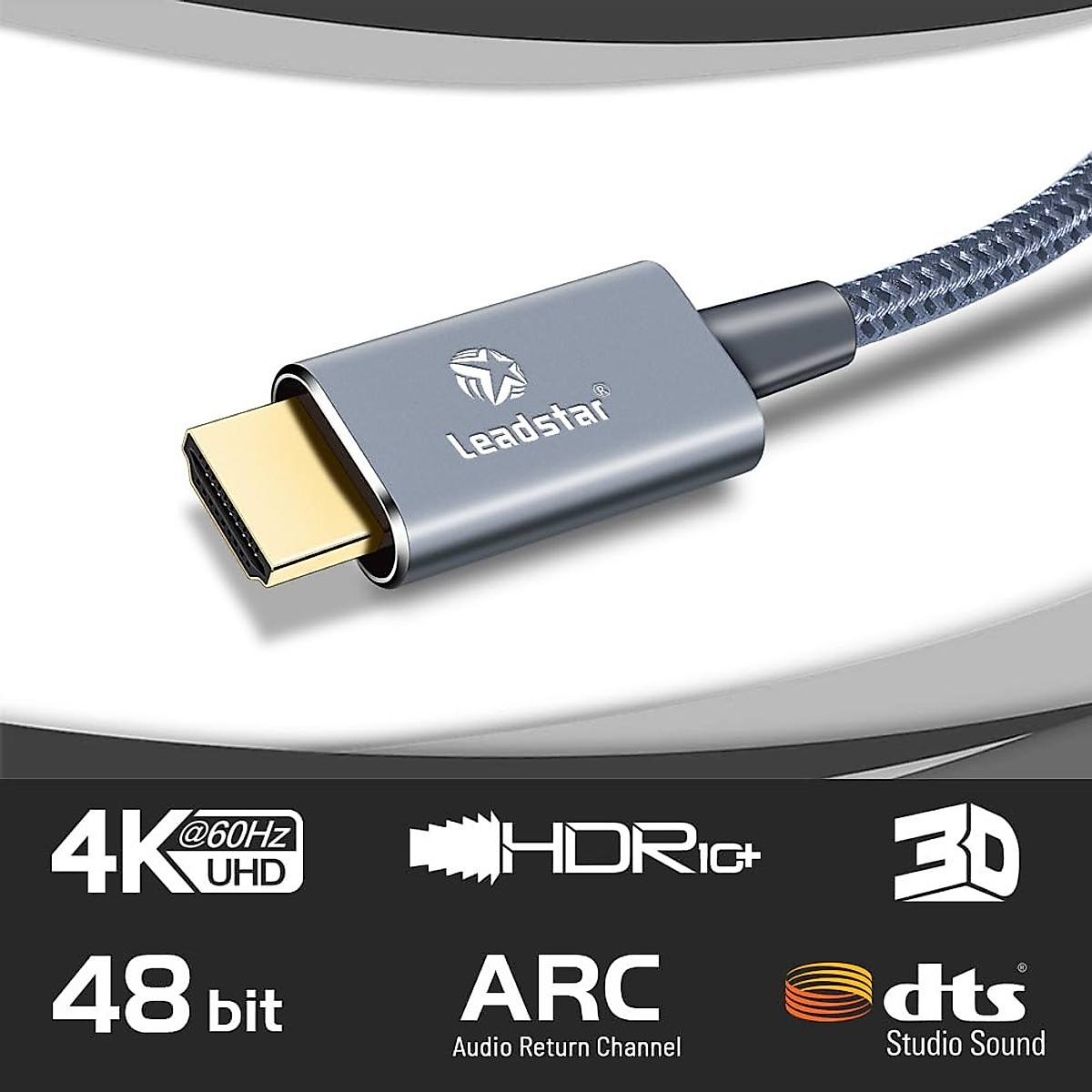 LEADSTAR HDMI Cable 4K 6 ft, High Speed HDMI 2.0 Cord Braided | 4K @ 60Hz, Ultra HD, 4K 2160p 1080p, ARC, 3D, HDCP 2.2 & CL3 Rated | for Laptop, Monitor, PS4, PS5, Xbox One, Fire TV - Grey