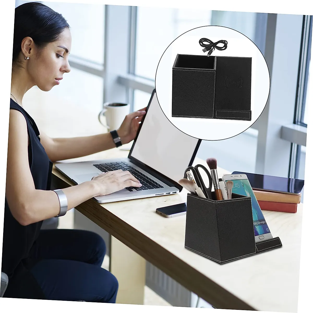 Tofficu Pen Holder Desk Pen Holder Desktop Charging Station Fast Charger Nightstand Charging Nightstand Cell Phone Holder Pen Stand Organizer Iphone8 Pu