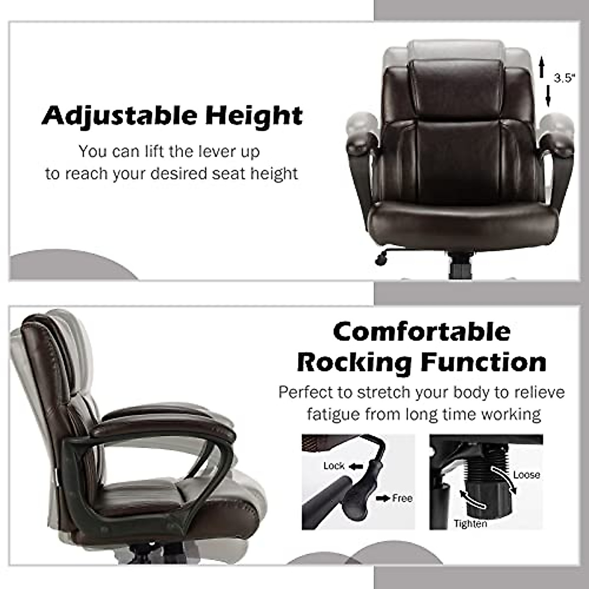 Giantex Office Chair, Leather Modern Executive Chair, Ergonomic Mid Back Computer Desk Chair w/Padded Armrests, Height Adjustable Swivel Task Chair w/Rocking Function, Dark Brown
