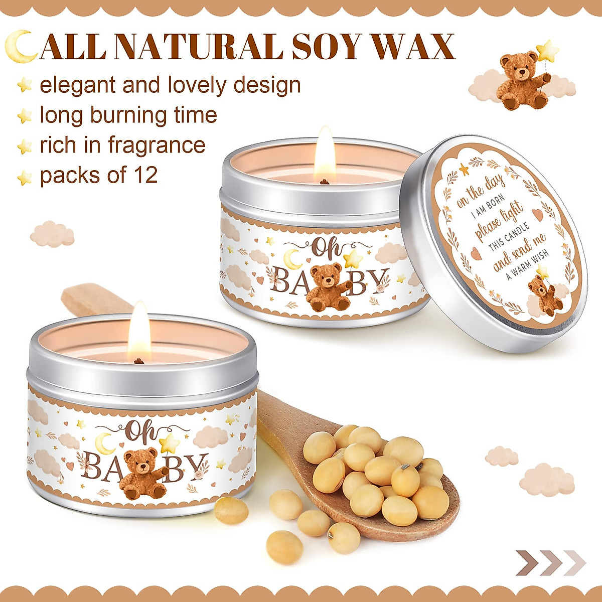 Funtery Rustic Flower Scented Candles, 12 Pcs Baby Shower Party Favors Candles Lavender Scented Baby Shower Favors for Guests Rustic Tea Lights Candles Gender Reveal Candle for Baby Shower