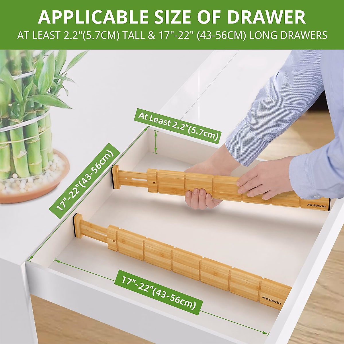 ANTOWIN 4 Pack Expandable Drawer Dividers, 2.2'' High, Extend from 17'' to 22'', Dresser Drawer Organizers, Bamboo Separators for Kitchen, Bedroom, Office, Bathroom, with 12 Pack Divider Inserts