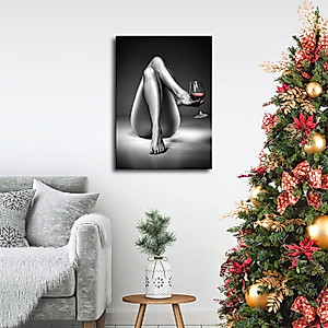 Canvas Wall Art Beauty Woman Wine Glass Painting Black White Beautiful Girl Pictures Modern Abstract Posters Prints Artwork Home Decor for Living Room Bedroom Bathroom (12×18inch-No Framed)