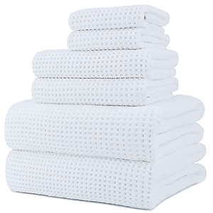 POLYTE Oversize, 60 x 30 in., Quick Dry Lint Free Microfiber Bath Towel Set, 6 Piece (White, Waffle Weave)
