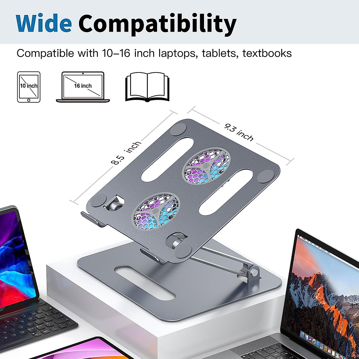 YICOSUN Laptop Stand, Adjustable Ergonomic Portable Aluminum Laptop Holder, Multi-Angle Height Adjustable,Foldable Computer Stand Anti-Slip Laptop Riser Compatible with 9-15.6 inch Laptops, Silvery