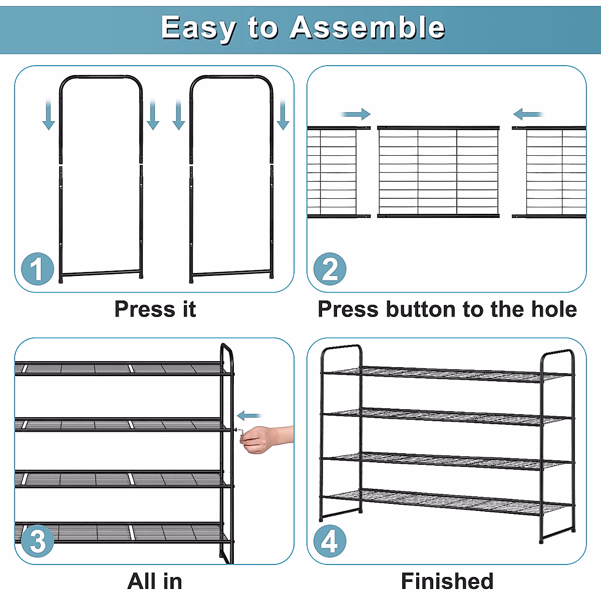 AOODA 4 Tier Long Metal Shoe Rack for Closet Wide Stackable Shoe Organizer for Entryway, Bedroom, Floor, Holds 30 Pairs Men Sneakers Large Shoe Storage Shelf with Wire Grid, Black