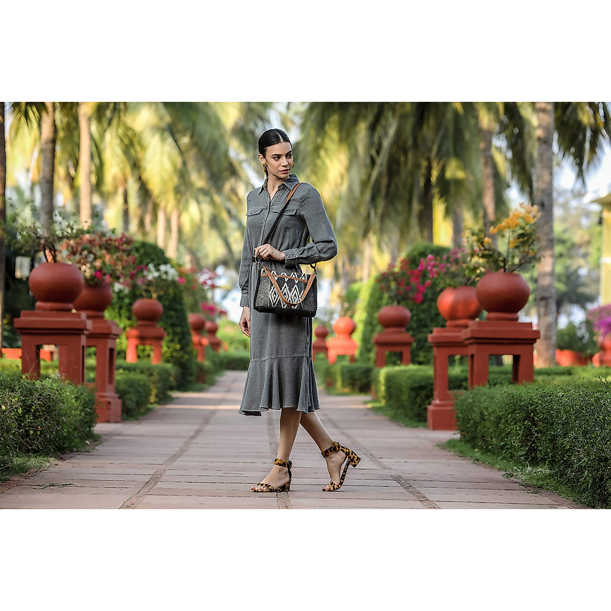 Myra Bag Tedious Upcycled Canvas & Cowhide Small Crossbody Bag S-1447 Gray