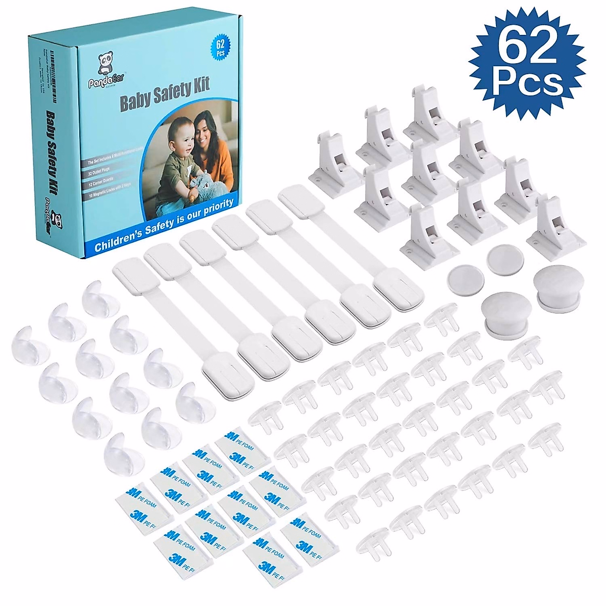 PandaEar Baby Child Safety Proofing Kit 62 Pcs Set, 6 Adjustable Adhesive Cabinet Straps, 12 Clear Corner Protectors Guards, 32 Outlet Plug Covers, 10 Magnetic Cabinet Locks with 2 Keys, No Drill Req