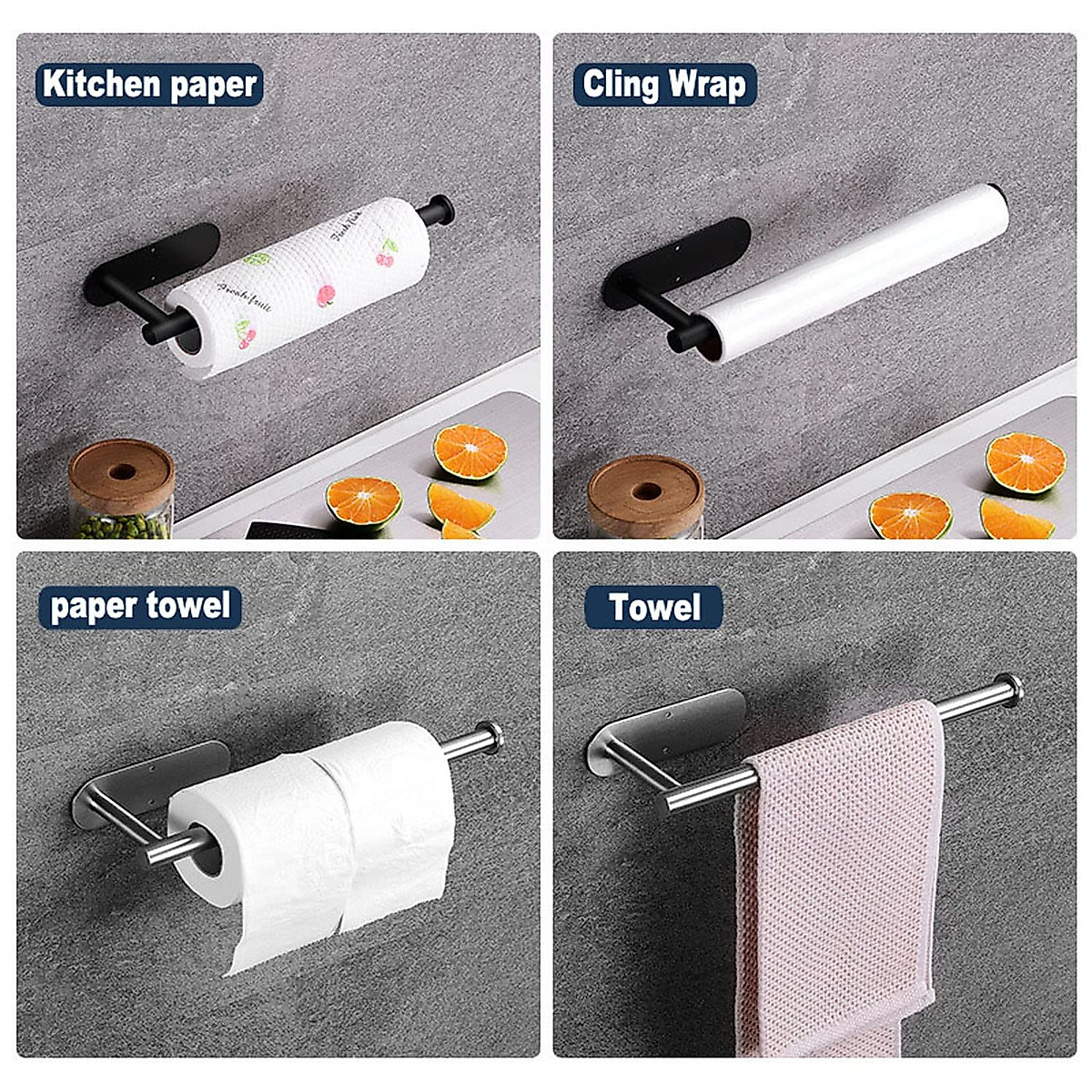 Paper Towel Holder, SUS304 Stainless Steel Paper Towel Holder Under Cabinet, Self Adhesive and Drilling for Kitchen, Counter, Cabinet, Bathroom