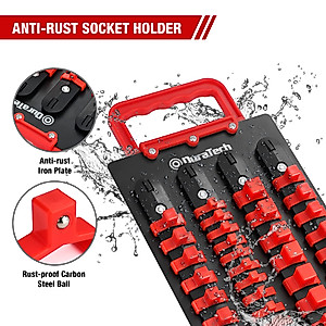 DURATECH Socket Organizer, 48-Piece Portable Socket Holder with Handle, ABS Socket Tray Wall and Tool Cart Mounted, 1/4", 3/8", 1/2" Drive Socket Organizer Tray, Red(Socket not Included)