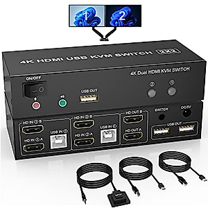 Dual Monitor KVM Switch HDMI 2 Port, 4K@60Hz Extended Display KVM Switch 2 Monitors 2 Computers with Audio Microphone Output and 3 USB Ports, PC Monitor Keyboard Mouse Switcher