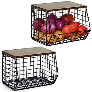 Wetheny 2pcs Fruit Basket Onion Storage Wire Basket with Wood Top- Wall Mounted & Stackable Kitchen Counter Organizer,Cabinet Organizer Bin for Potato,Produce,Bread,Snack Storage(Matte Black)