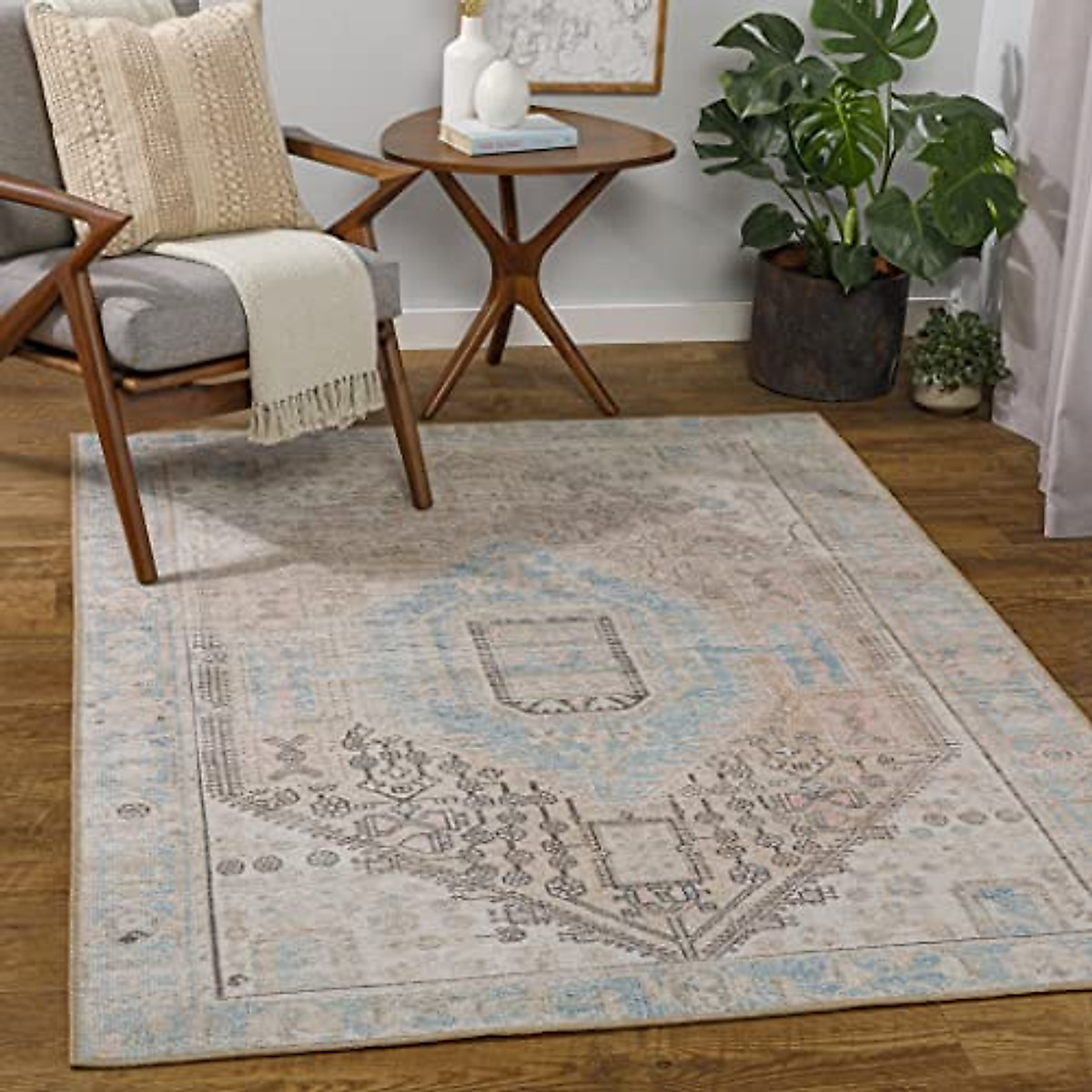 Mark&Day Washable Rugs, 9x12 Oak Lawn Traditional Tan Area Rug, Blue Beige Brown Carpet for Living Room, Bedroom or Kitchen (8'10" x 12', Machine Washable)