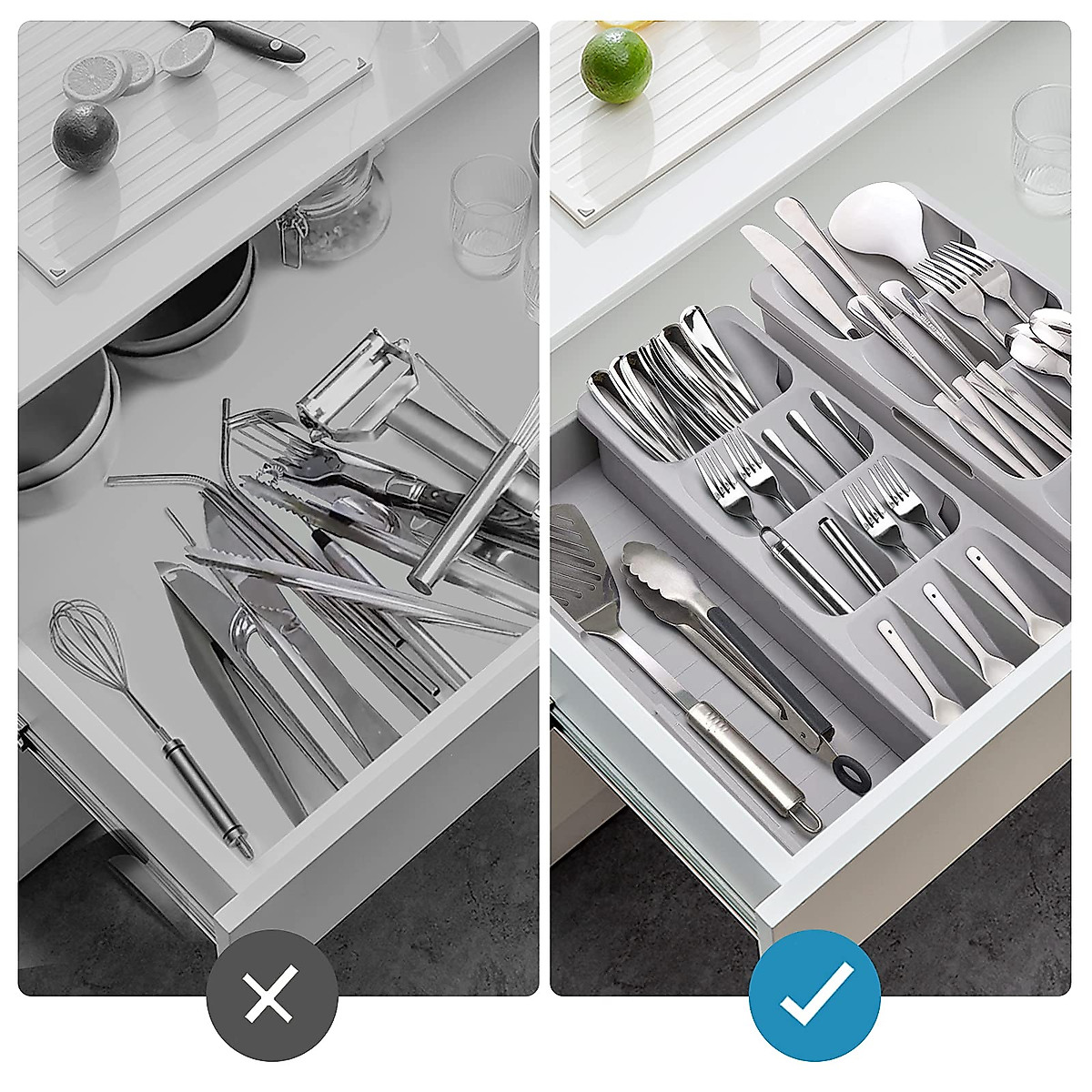 Moi Doi Kitchen Drawer Organizer Silverware Organizer for Kitchen Storage Tray Box for Cutlery Spoon Knife and Fork Partition Storage Gray