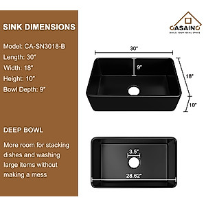CASAINC 30-inch Kitchen Sink Black, Farmhouse Sink Fireclay Apron -Front Farmhouse Deep Single Bowl, Farmhouse Sink with Stainless Steel Bottom Grid and Kitchen Sink Drain
