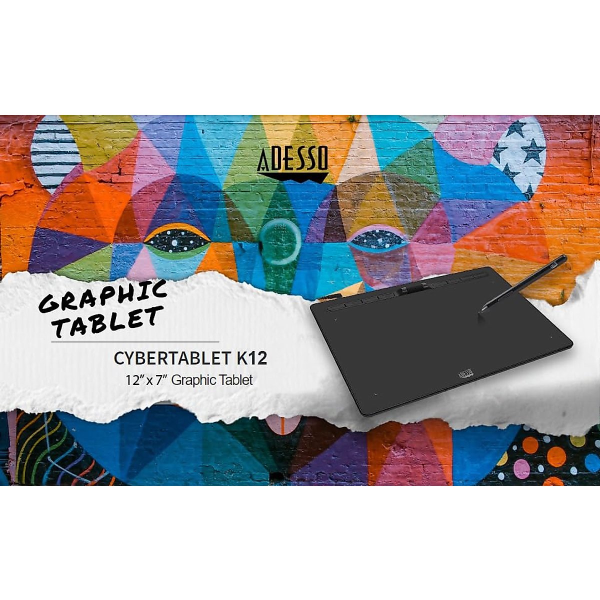 Adesso Large Graphics Drawing Tablet Pad 12 x 7 Inch 8192 Levels Battery-Free Pen, 8 Customizable Keys with Scroll Wheels, Compatible with PC/Mac/Android OS for Painting, Design & Online Teaching
