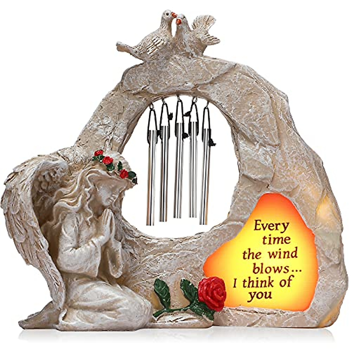 Praying Solar Angel Statue Sympathy Gift,Cementary Decoration Garden Angel Memorial Wind Chime Statue Cementary Sympathy Gift Solar Angel Resin Figurines Light for Home Decoration (Elegant Style)