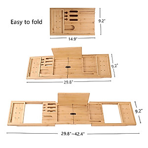 YCOCO Bathtub Tray,Expandable Bamboo Luxury Bath Tray for Tub,with Book Stand and Soap Dish,Tablet Holder,Wine Glass Slot
