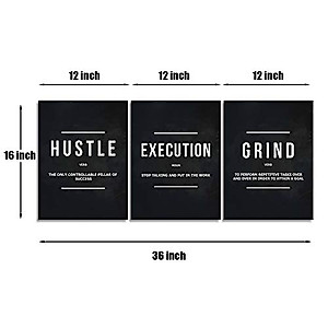 Motivational Posters Inspirational Wall Art Motivation Canvas Paintings Wooden Framed Hustle Wall Decor Black 3 Pieces Office Wall Art for Living Room Bedroom Home Decor Easy to Hang(36”Wx16”H)