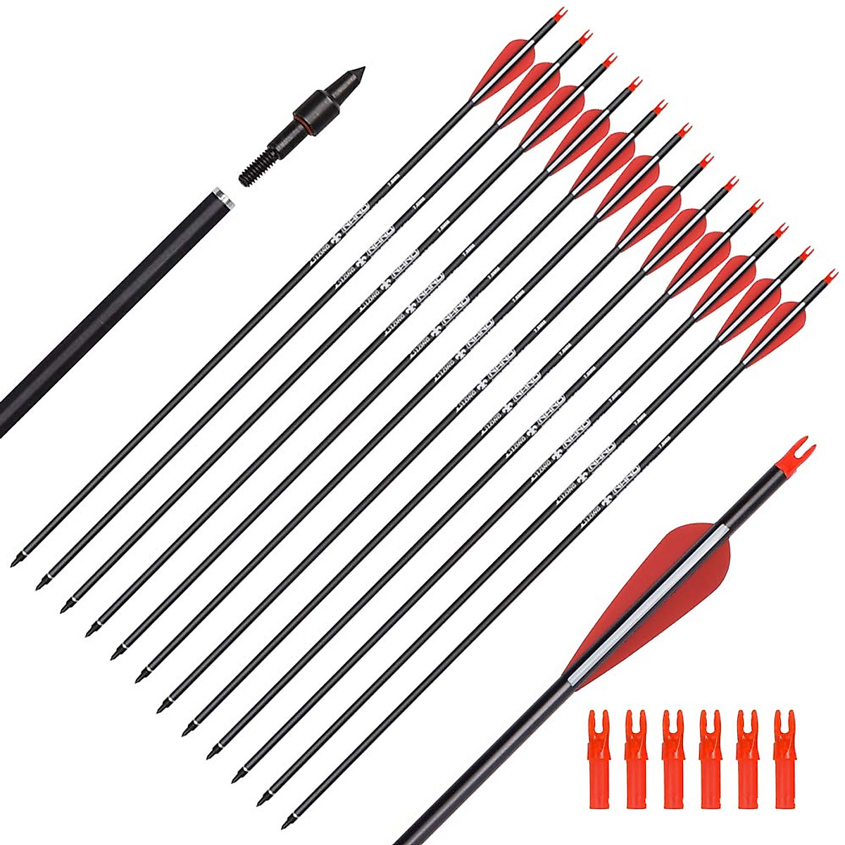 Archery Carbon Arrow Hunting Target Practice Arrows 30 Inch with Removable Tips for Compound & Recurve Bow 500 Spine 12PCS