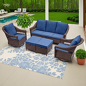Patio Furniture Set, 5 Pieces Outdoor Conversation Set, All Weather Wicker Patio Furniture w/ Swivel Glider Rocking Chair, Ottoman, 3-Seat Couch & Comfy Cushions for Backyard, Deck, Poolside, Porch