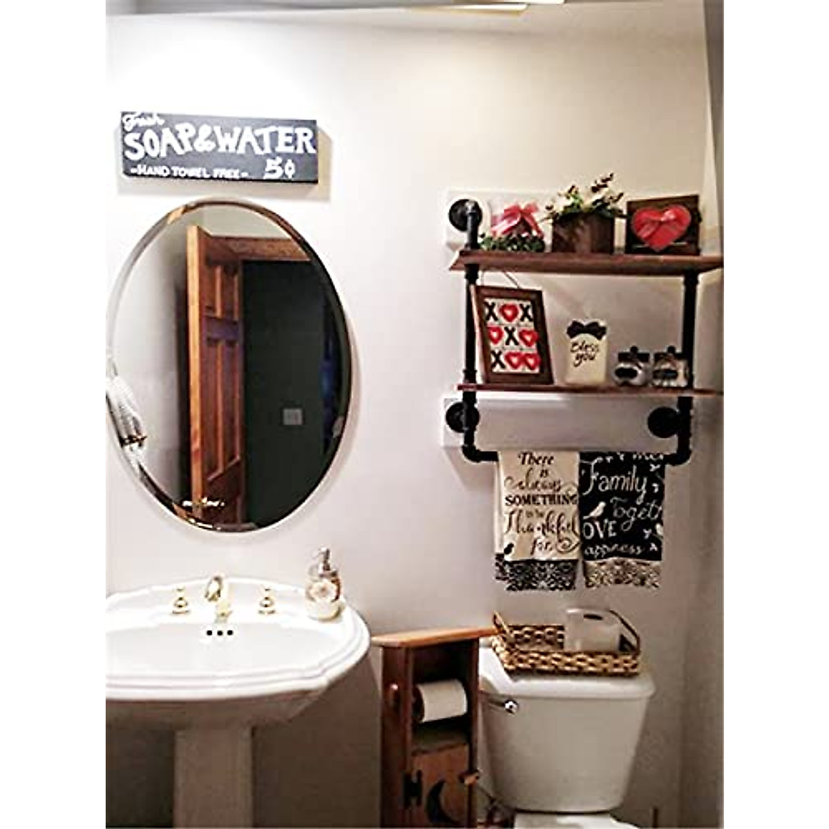 Industrial Bathroom Shelves Wall Mounted 2 Tiered,24in Pipe Shelving Wood Shelf with Towel Bar,Rustic Farmhouse Towel Rack,Metal Floating Shelves Towel Holder,Iron Distressed Shelf Over Toilet