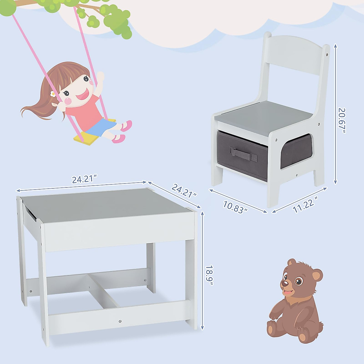 Kinfant Kids Table and Chair Set, Toddler Table and Chairs Set with Double Side Detachable Tabletop for Preschool Playroom Kindergarten (Gray)