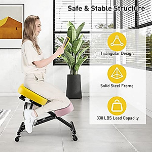 Giantex Height Adjustable Kneeling Chair - Seat Height from 20.5” to 26.5”, Adjustable Stool with Smooth Wheels, Foam Padded Cushions, Ergonomic Kneeling Chair for Office, Home, Yellow/Pink