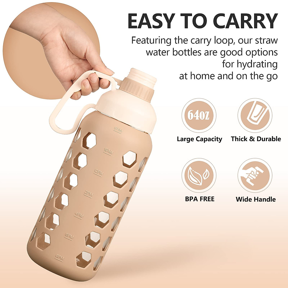 MUKOKO 64 Oz Glass Water Bottles, Half Gallon Water Bottle With Straw And Silicone Sleeve Wide Mouth Leakproof Reusable Water Jug With Time Marker And Handle For Gym, Outdoor, BPA Free,Amber
