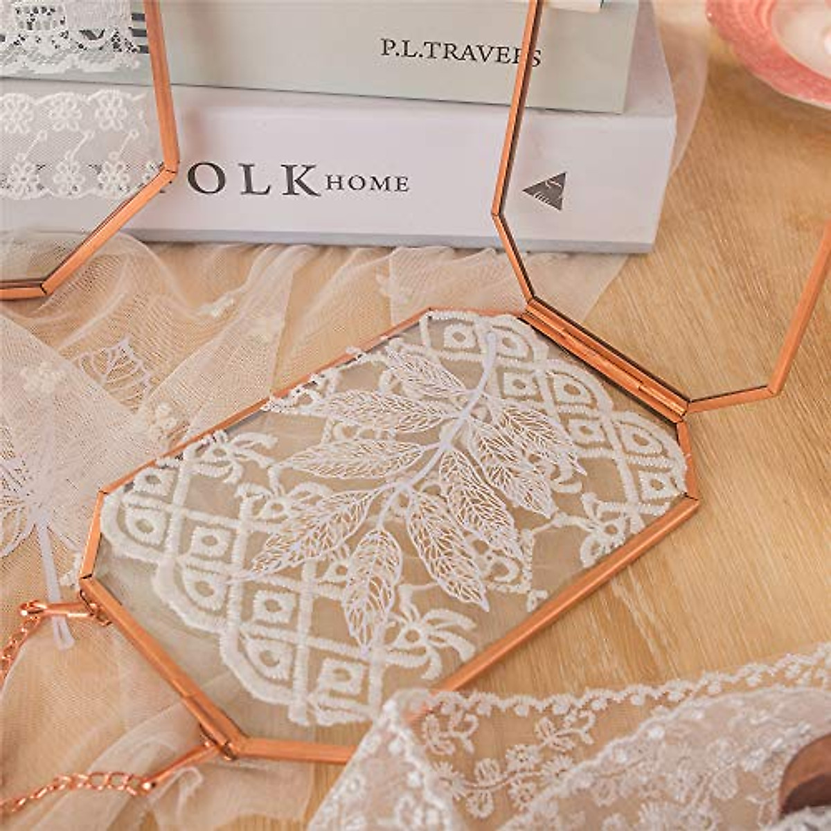 NCYP Wall Hanging 4X6 Inches Octagon Rose Gold Glass Frame for Pressed Dried Flowers, Handmade Double Glass Pure Copper Herbarium Frame, Floating Frame Style, Glass Frame Only