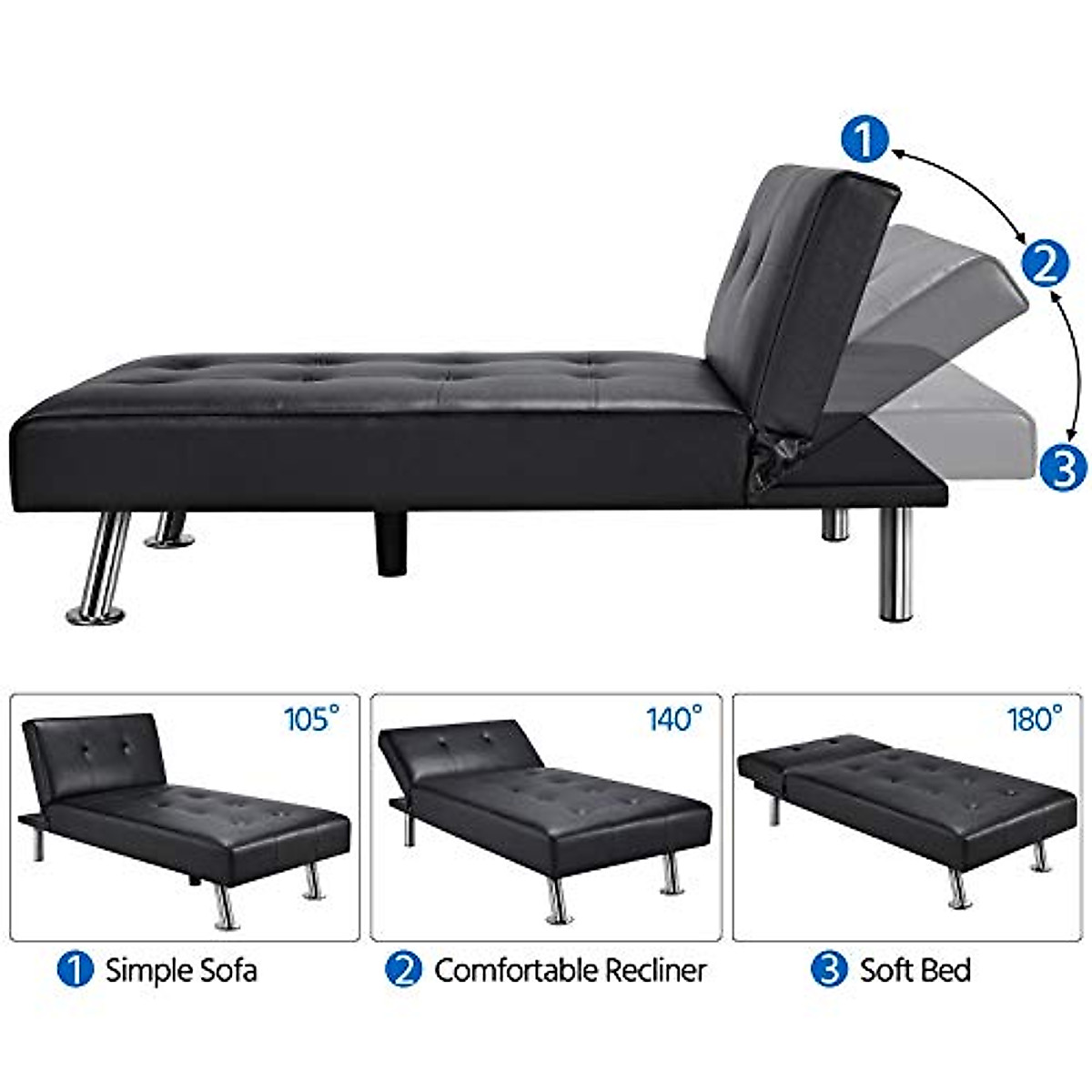 Topeakmart Sectional Sofa Couch Bed Convertible L-Shaped Faux Leather Couch Foldable Futon Sofa Sleeper with Reversible Chaise Lounge for Living Room Black