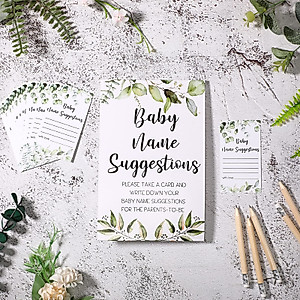 61 Pieces Baby Shower Games Include Greenery Baby Name Suggestion Sign and 50 Baby Shower Name Suggestion Cards with 10 Pencils for Baby Shower Party Decor