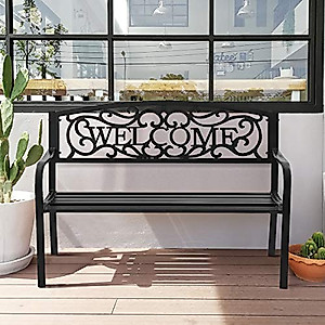 S AFSTAR Garden Bench, Metal Porch Bench for Park Garden Yard, Outdoor Patio Bench with Weather-Resistant Cast Iron Backrest and Welcome Pattern, Front Door Bench Park Bench for Outside (Black)