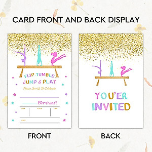 YUEXLL Gymnastics Birthday Party Invitations Cards with Envelopes, Gymnastics Party Invitations, Jump Birthday Celebration Supplies, Double-sided Fill-in bday Invites for Boys Girls- A21