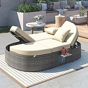 EOVTK Outdoor Rattan Daybed, Multifunctional 2-Person Sun Bed with Cushions and Pillows, Wicker Reclining Chaise Lounge with Adjustable Backrests and Foldable Cup Trays for Lawn, Poolside, Beige