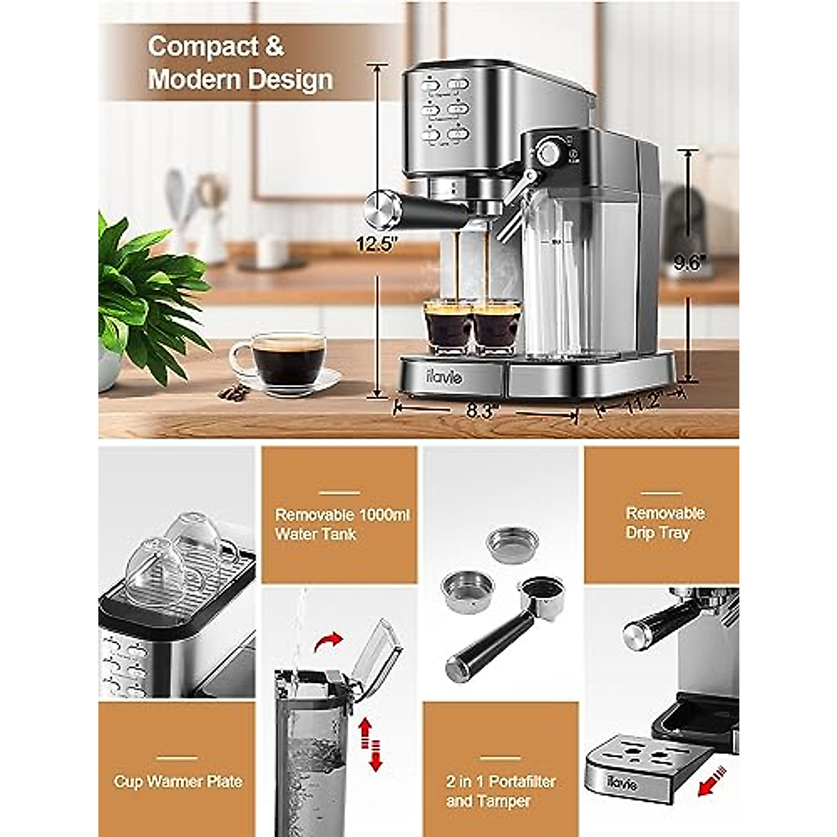 ILAVIE 6-in-1 Espresso Coffee Machine Built-In Automatic Milk Frother, 20 Bar Espresso & Cappuccino & Latte Maker with 34 oz Removeable Water Tank, Ideal for Home Use, Stainless Steel