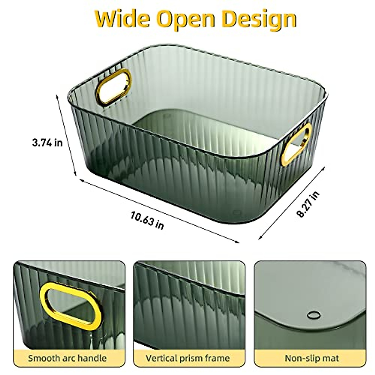BIEDUM 2 Pack Open Compartment Clear Plastic Organizer, Rectangular Makeup and Vanity Storage Bin and Pantry Caddy with Pass-Through Handles for Bathroom Kitchen Refrigerator Organizers and Storage