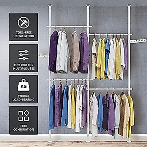 DYN Ptah Floor to Ceiling Adjustble Garment Rack, Heavy Duty Double 2-Tier Clothes Rack, Free Standing Clothes Laundry Drying Rack, Clothing Hanger Tension Rod Closet System Wardrobe Storage White