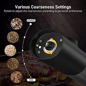 Electric Salt and Pepper Grinder Set, EAGMAK Battery Powered Automatic 70ml Pepper Mill Grinders, Stainless Steel Electronic Mill Shakers with Adjustable Coarseness, LED Light & Storage Base (2 Pack)