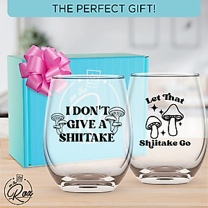 Mushroom Glass Gifts For Her and Him - 2PC Funny Wine Glass - 15oz Printed "I Don't Give A Shiitake", "Let That Shiitake Go" Mushroom Decor - Aesthetic Gift for Sister, Brother, Friend Mushroom Lover