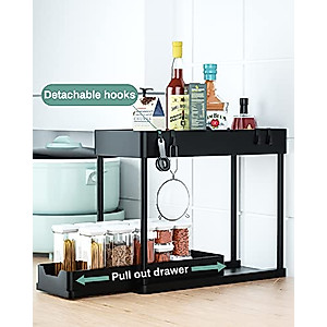 Gaclibl Under Sink Organizers and Storage, 2 Tier Under Cabinet Organizer with 4 Hooks Pull Out Under Sink Storage for Bathroom Kitchen Cabinet Counter Pantry, Black