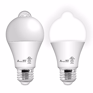 AmeriTop Motion Sensor Light Bulb- 2 Pack, 10W(60W Equivalent) 806lm Motion Activated Dusk to Dawn Security LED Bulb; UL Listed, A19, E26, Auto On/Off Indoor Outdoor Lighting (5000K Daylight)