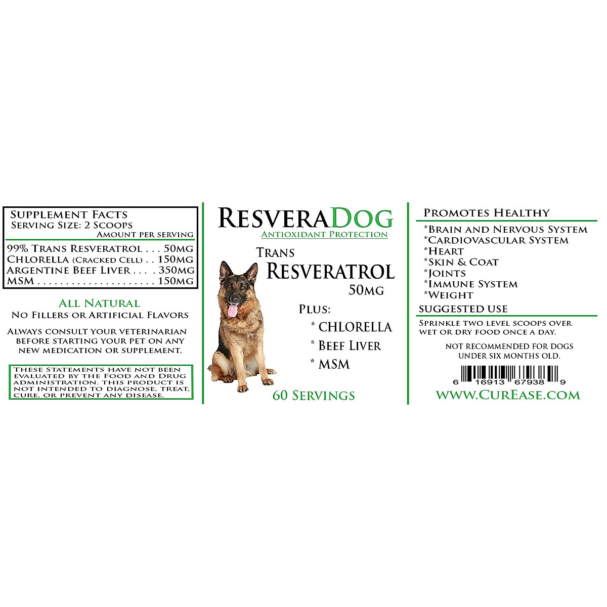CurEase Resveradog: Dog 99% Tran Resveratrol Powder with Argintine Beef Liver, MSM & Chlorella