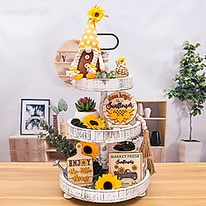Sunflower Decor - Tiered Tray Decor Farmhouse Sunflower Kitchen Decor - Sunflower Gnomes Decorations - Wooden Signs for Home Table Fireplace (Not Included Tray)