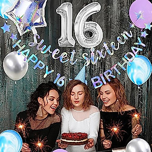 Iridescent Sweet Sixteen Happy 16th Birthday Banner Garland Foil Balloon 16 for Sweet 16 Decorations 16th Birthday Dercorations for Girls Cheers to 16 Years 16 and Fabulous Party Backdrop Supplies
