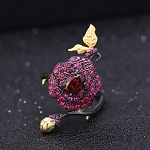 Qitian Rhodolite Garnet Sterling Silver Rings Rose Flower Adjustable Rings Genuine Black Birthstone Open Ring for Women Girls Handmade Adjustable Ring Rhodium Over Sterling Silver