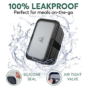 Umami Lunch Box Containers w/ 4 Utensils, 2 Sauce Jars, Nestable Space-Saving Bento Box Adult, 100% Leakproof, Microwavable Lunch Containers for Adults, Design Award Winner, Black, 30 oz